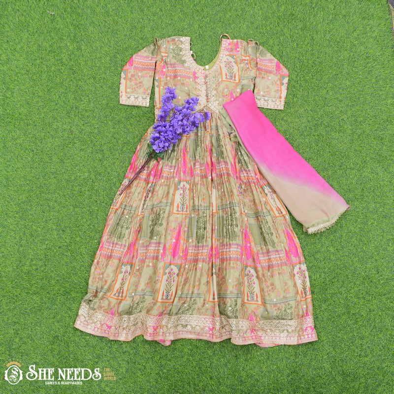 Green & Pink Color Party Wear Long Frock | She Needs - The Saree World