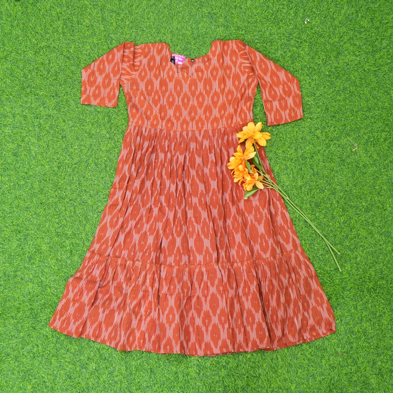 Orange Color Pochampalli Designer Long Frock | She Needs - The Saree World