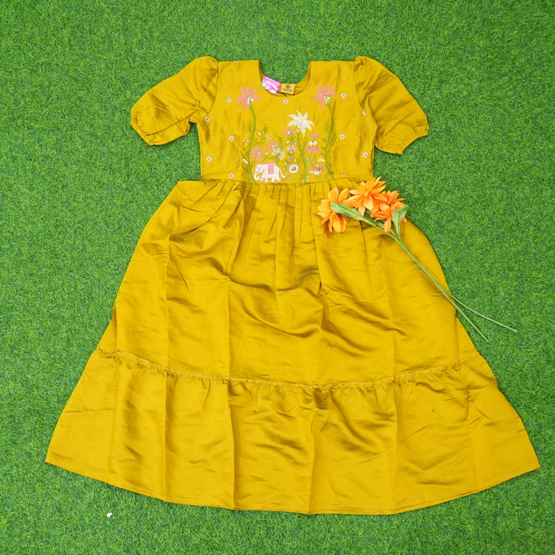 Musturd Yellow Color Thread Embroidered Designer Long Frock | She Needs ...