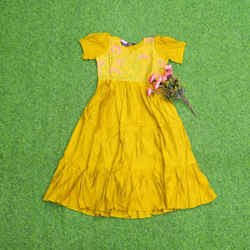 Mustard Yellow Thread Embroidered Designer Long Frock | She Needs - The ...