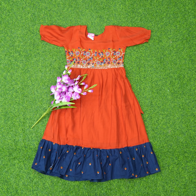 Orange and Navy Blue Color Thread Embroidered Designer Long Frock | She ...