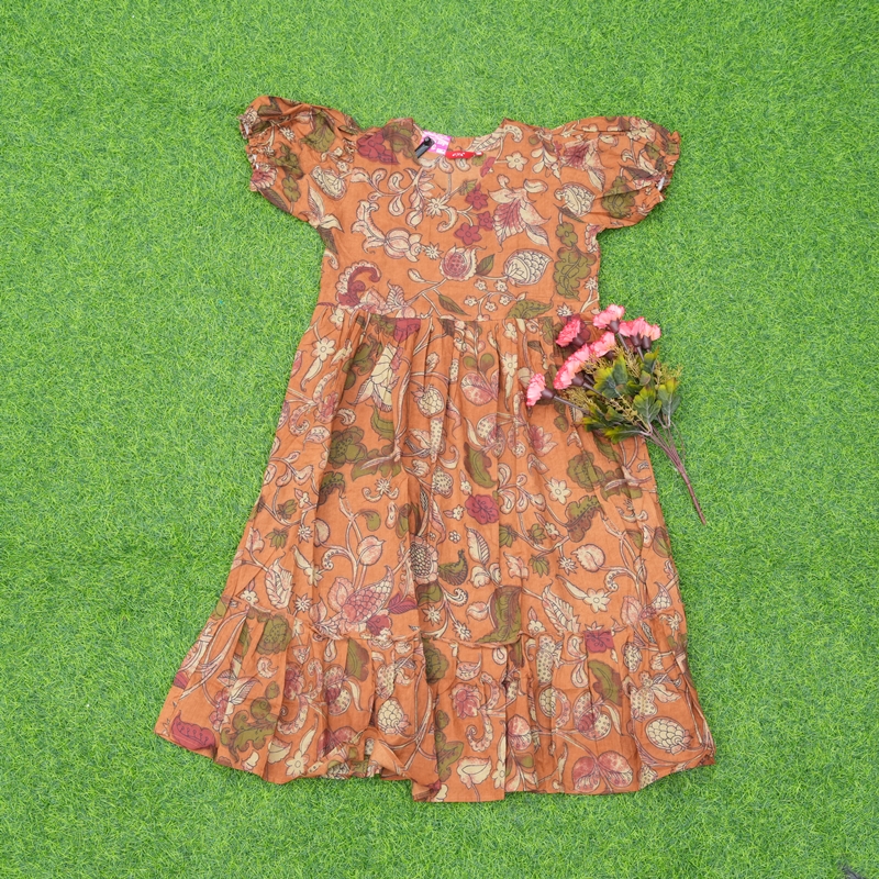 Orange and Green Color Kalamkari Printed Long Frock | She Needs - The ...